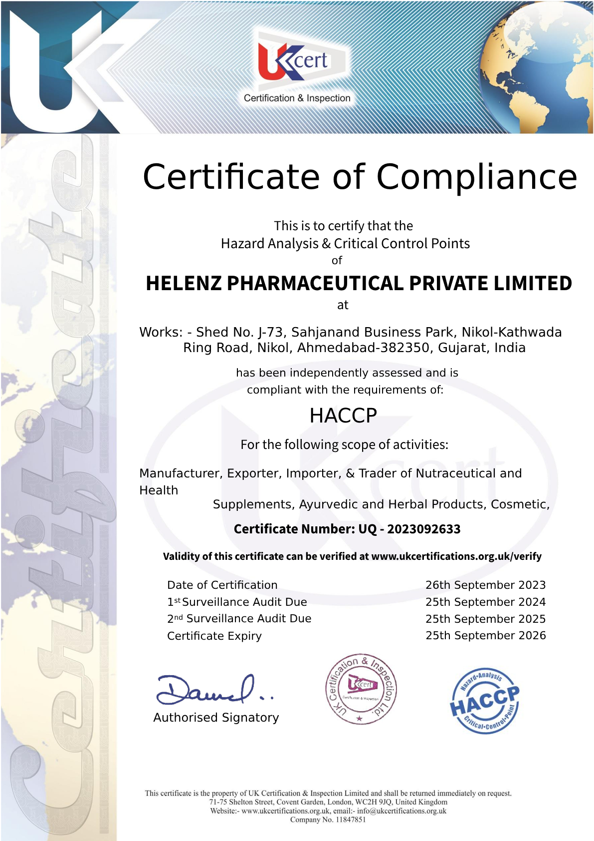 Helenz Pharmaceutical Pvt Ltd - Certificates